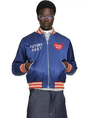 HUMAN MADE Satin Bomber Jacket With Embroidered Graphics - Blue
