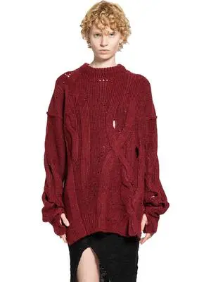 HALOS Alpaca Wool Cable Knit Distressed Crewneck Sweater - Red
