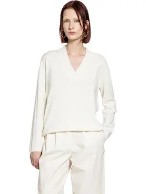 Max Mara Arten Ribbed Cashmere V-neck Sweater - White