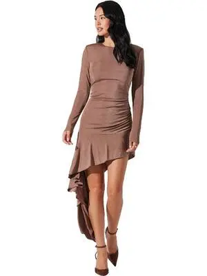 Astr The Label Asymmetrical Ruffle Hem Mini Dress - Taupe