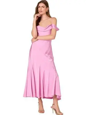 Astr The Label Araxie Satin Off-shoulder Godet Midi Dress - Pink