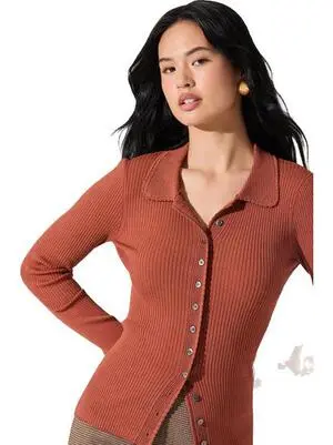 Astr The Label Collared Ribbed Knit Cardigan - Rust