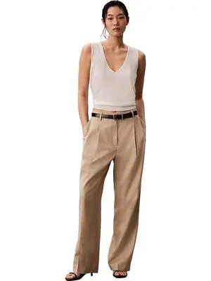Calvin Klein Linen Blend Tailored Wide Leg Pants - Brown Incense