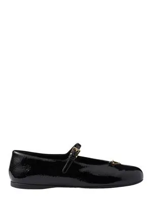 Prada Patent Leather Ballet Flats With Buckle Strap - Black