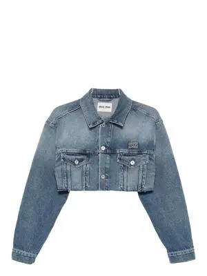 Miu Miu Cropped Denim Jacket With Logo Embroidery - Multicolor