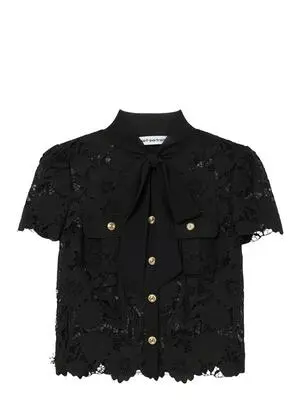 SELF-PORTRAIT Black Lace Tie Neck Top - Multicolor