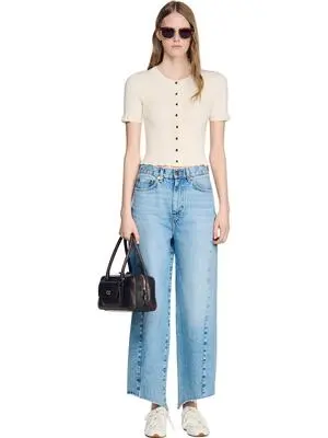 Sandro Ribbed Knit Shirt With Ruffled Details - Ecru