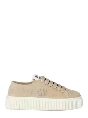Miu Miu Suede Sneakers With Embroidered Logo And Flatform Sole - Neutrals