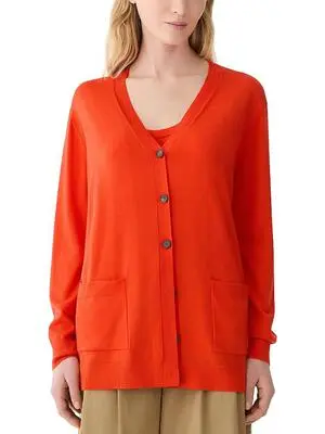 Lafayette 148 New York Merino Wool Button-front Cardigan - Orange Poppy