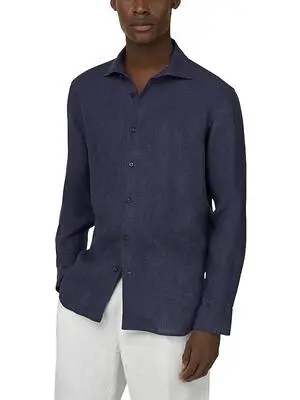 Boggi Milano Bowling Collar Linen Shirt - Navy Blue