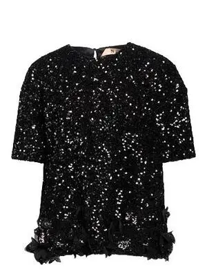N°21 Sequin Tulle Top With Floral Appliqués - Black