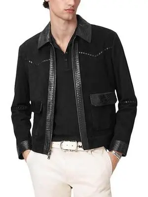 John Varvatos Suede Jacket With Embossed Trims - Black