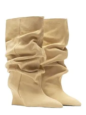 Balmain Draped Suede Wedge Ankle Boots - Beige