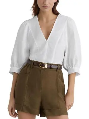 REISS Evie Linen Balloon Sleeve Top - Ivory