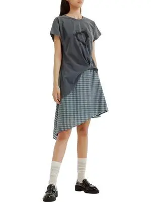 B+AB Check Pattern Asymmetric Dress - Grey