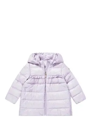 Moncler Nevra Long Quilted Coat With Hood And Ruffle Detail - Purple