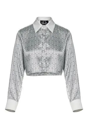 VAZAF Cropped Monogram Print Satin Shirt - White