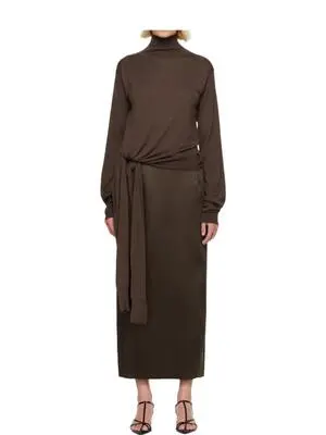 RÓHE High Neck Ribbed Knit Turtleneck Sweater With Integrated Tie Detail - Brown