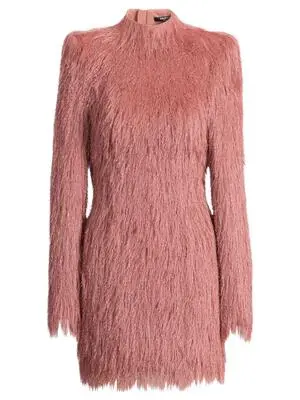 Balmain Long-sleeve Fringed High Neck Mini Dress - Pink