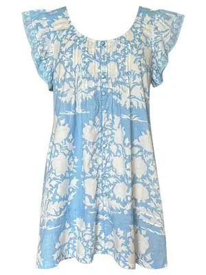 PICK HAPPY Ruffled Sleeve Mini Cotton Dress With Pintucks And Drawstring Waist - Blue