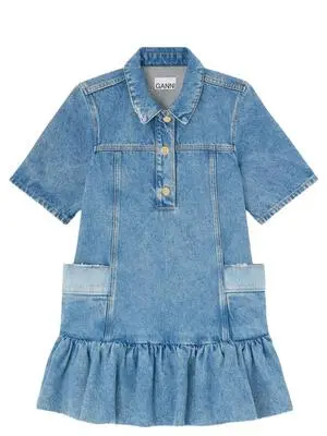 GANNI Denim Cotton Mini Dress With Ruffled Hem - Multicolor