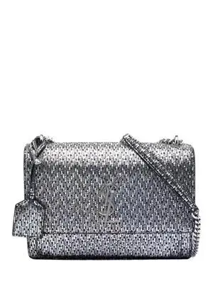 Saint Laurent Medium Metallic Woven Leather Monogram Sunset Crossbody Bag - Silver