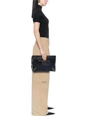 Balenciaga 2017 Goatskin Metallic Edge Clutch Bag - Black