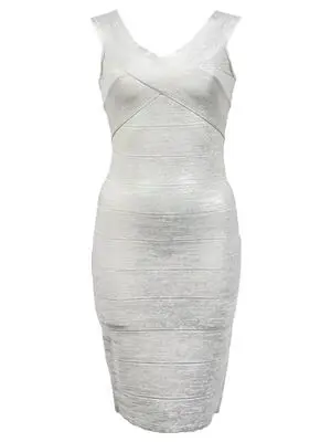 Herve Leger Metallic Criss-cross V-neck Bandage Dress - Silver