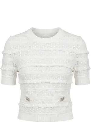 SELF-PORTRAIT Pointelle Knit Top With Ruffled Trim - Multicolor