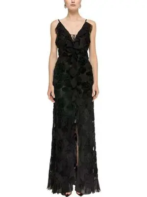 NISSA Floral Embroidered Ruffled Maxi Dress - Black