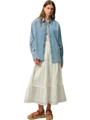 Fabrique Vinetta Embroidered Shirt In Cotton Linen Denim - Blue