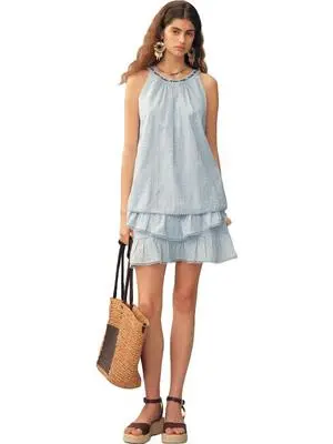 Fabrique Halter Neck Cotton Top With Natural Stone Accents - Blue