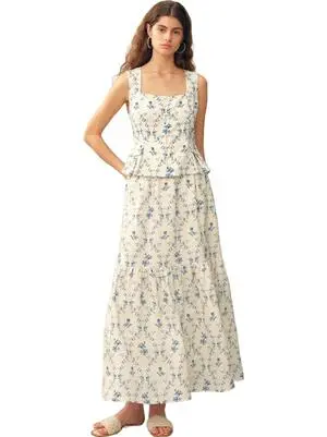 FABRIQUE Elara Pleated Floral Square Neck Sleeveless Top And Skirt Set - Multicolor