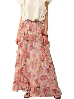 FABRIQUE Fabrique Amélie Hand-Painted Floral Print Tiered Ruffle Maxi Skirt