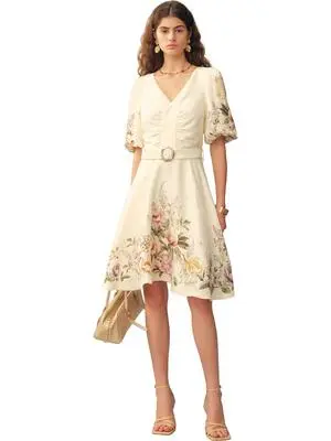 Fabrique Handpainted Floral Belted Puff Sleeve Dress - White