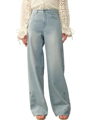 Fabrique Berthe Embossed Flowers Straight Leg Jeans - Blue