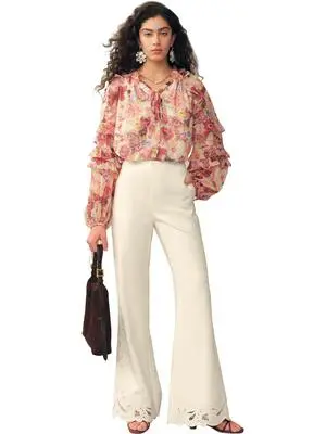 Fabrique Marie Hand-painted Floral Print V-neck Ruffle Sheer Chiffon Blouse - Multicolor