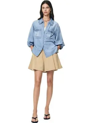 FABRIQUE Fabrique Lyocell Denim Shirt With Ruffle Trim And Puff Sleeves