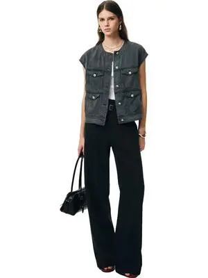 Fabrique Drew Washed Gray Collarless Denim Vest - Grey