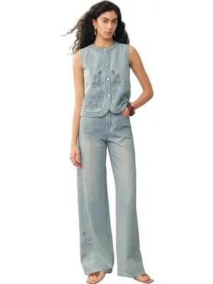 FABRIQUE Sleeveless Round Neck Top And Wide Leg Jeans Matching Set - Blue