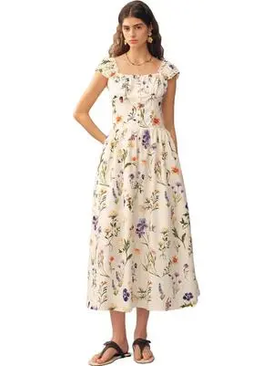 Fabrique Eliana Handpainted Freesia Ruffle Trim Sleeveless Dress - Multicolor