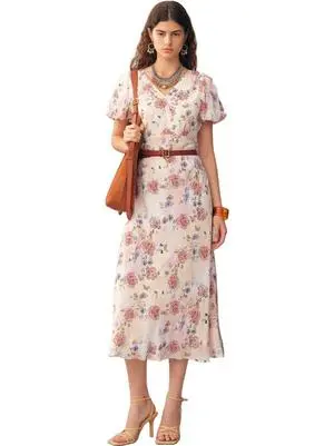 Fabrique Handpainted Floral Puff Sleeve Midi Dress - Multicolor