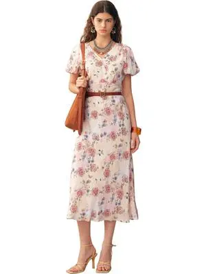 Fabrique Handpainted Floral Puff Sleeve Midi Dress - Multicolor