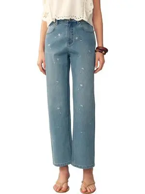 Fabrique Annette Embroidered Crystal Embellished Dandelion Cropped Straight Leg Jeans - Blue