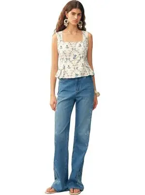 Fabrique Elara Pleated Floral Square Neck Sleeveless Top - Multicolor