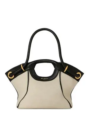 Balmain Small Tote In Smooth Leather And Canvas - Beige