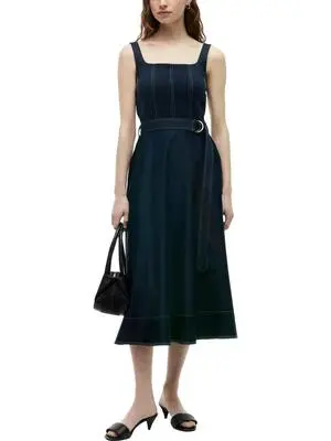 Tommy Hilfiger Belted Contrast-stitch Midi Dress - Blue