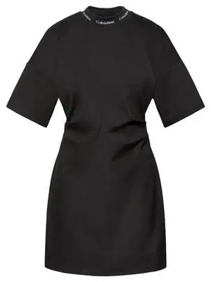 Calvin Klein Gathered Waist Mini Dress With Logo-print Collar - Black