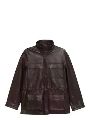 Sandro Oversized Leather Jacket With Stand-up Collar - Brown