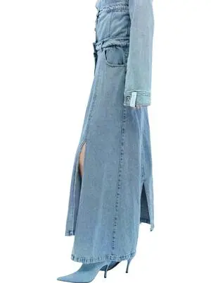Rokh Slit Denim Midi Skirt - Blue
